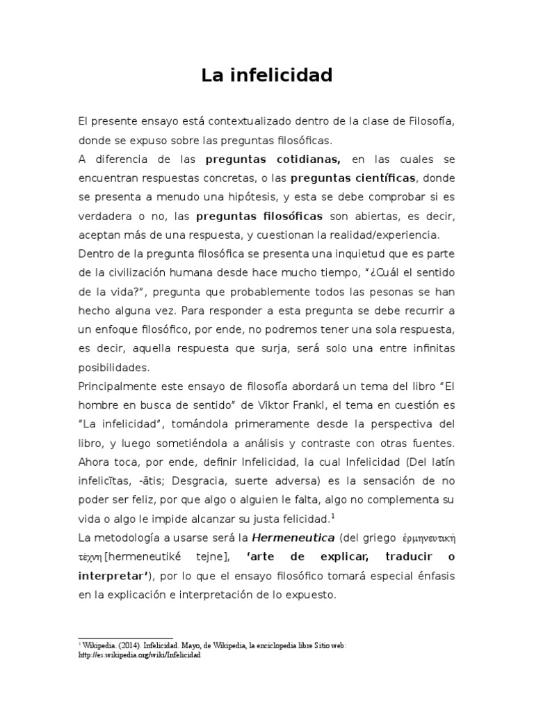 Ensayo Filosofico La Infelicidad | Felicidad | Crecimiento personal