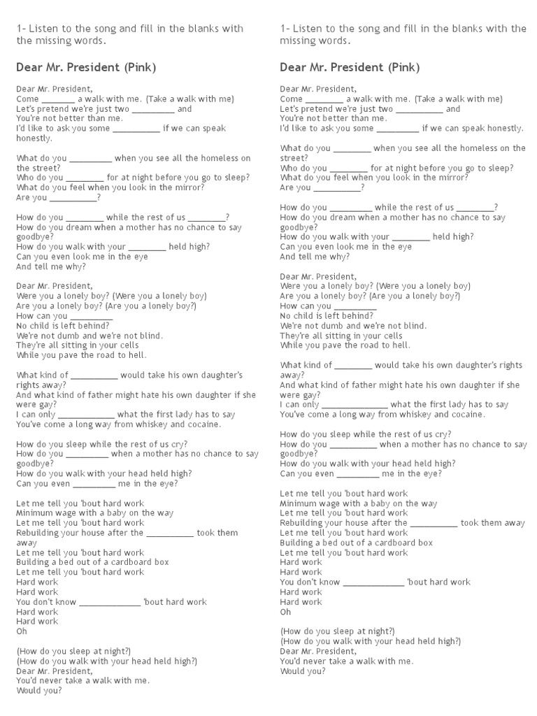 Song Worksheet - Dear Mr. President | PDF | Leisure