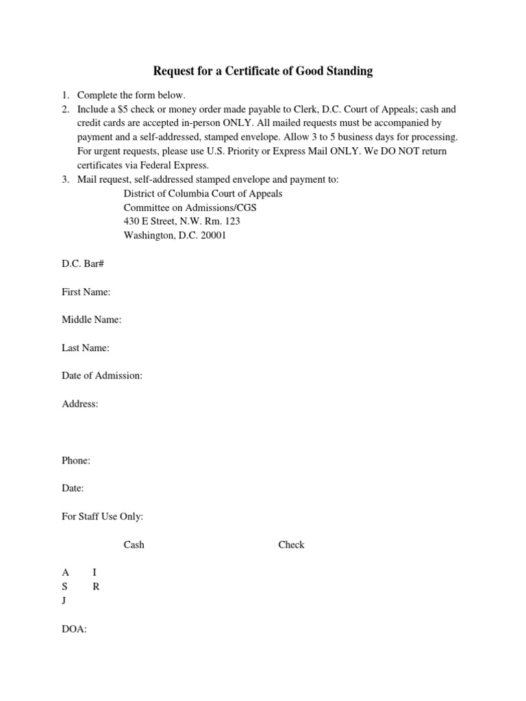 Request For A Certificate of Good Standing PDF | PDF