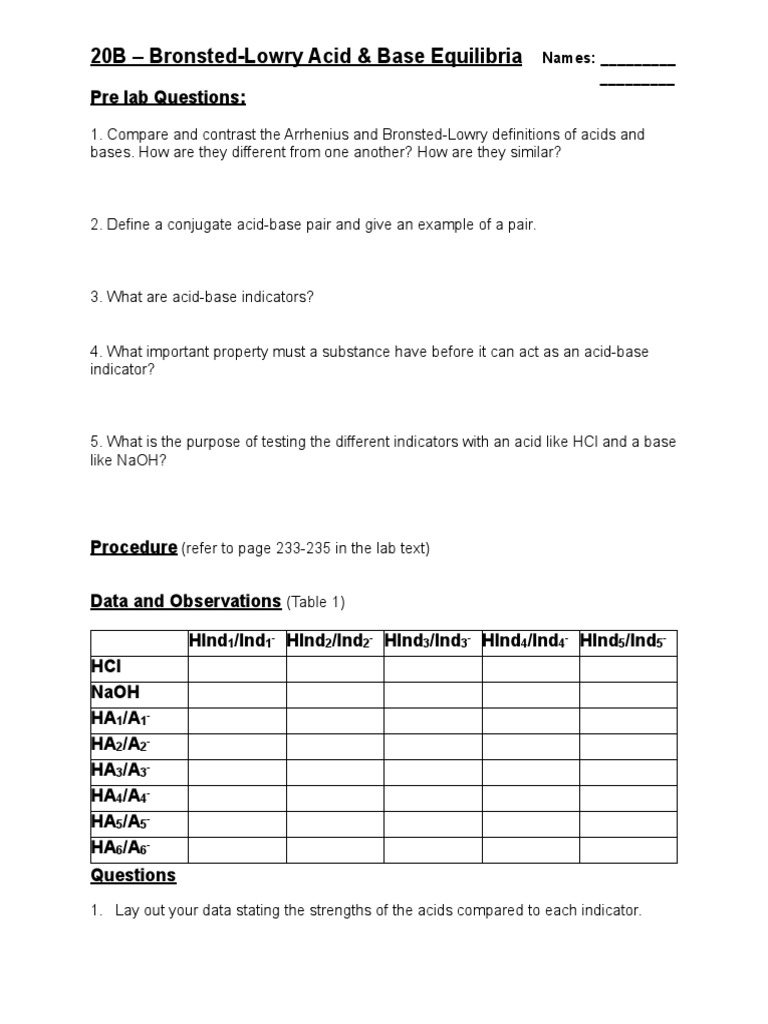 20B - Bronsted-Lowry Acid & Base Equilibria: Pre Lab Questions | PDF ...