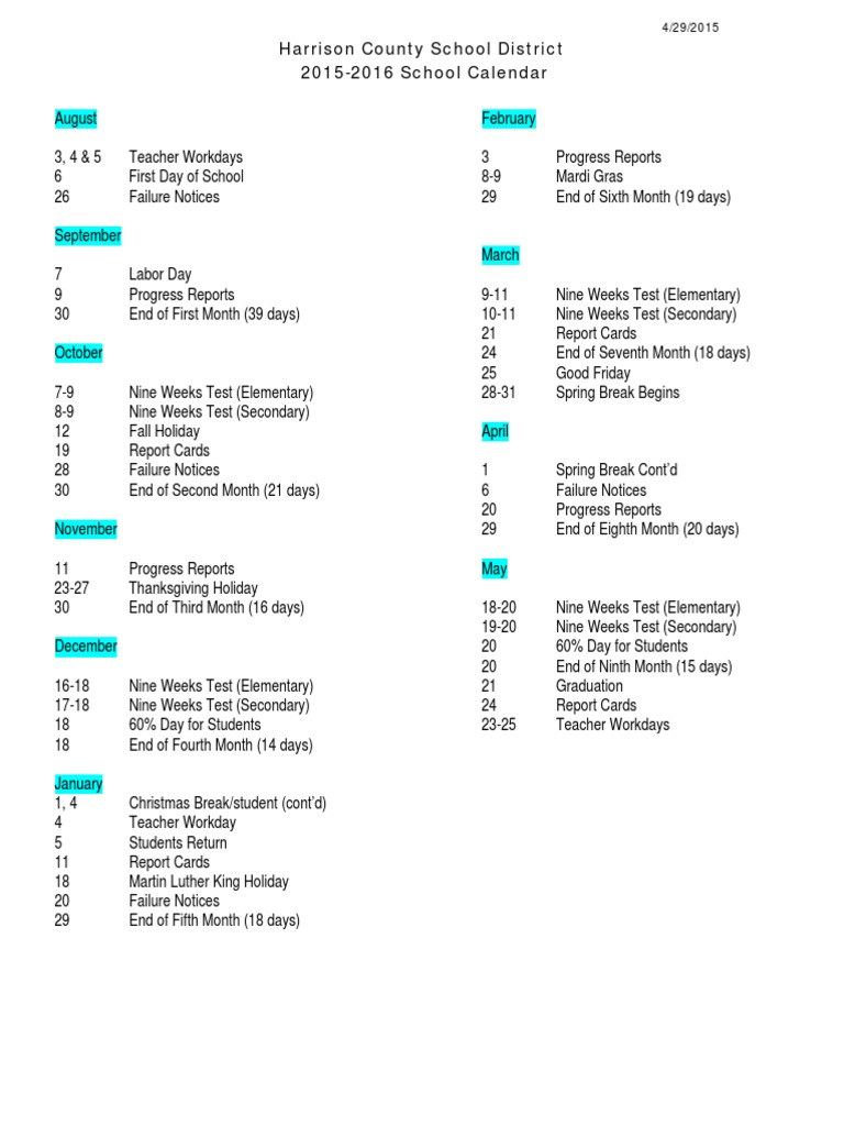 Harrison County School Calendar 2015-16 | PDF