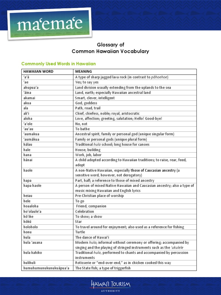 Common Hawaiian Vocabulary | PDF | Hawaii | Foods