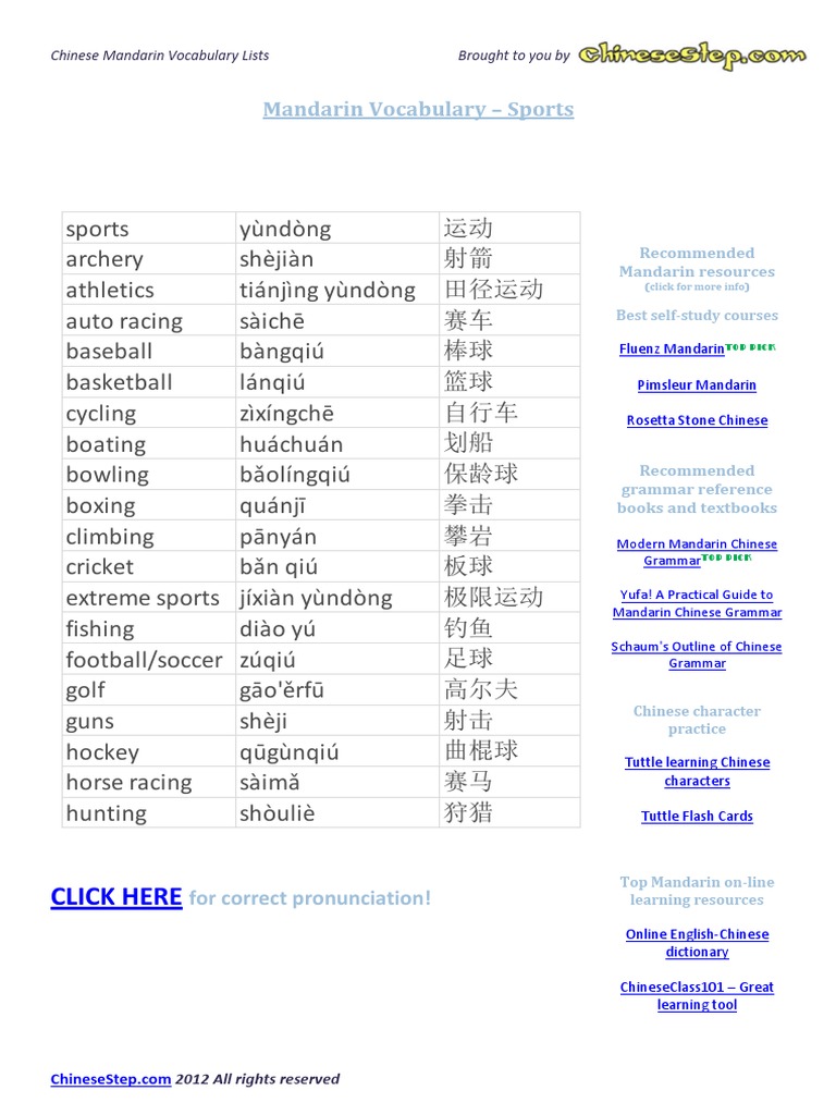 Mandarin Sports Vocabulary Guide | PDF | Sports & Recreation | Cooking ...