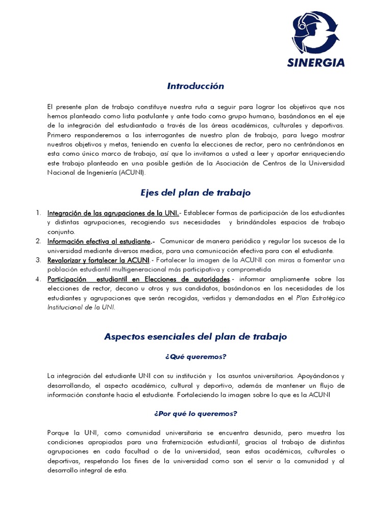 Plan de Trabajo ACUNI 2015-2016 (SINERGIA) | PDF | Presupuesto | Science