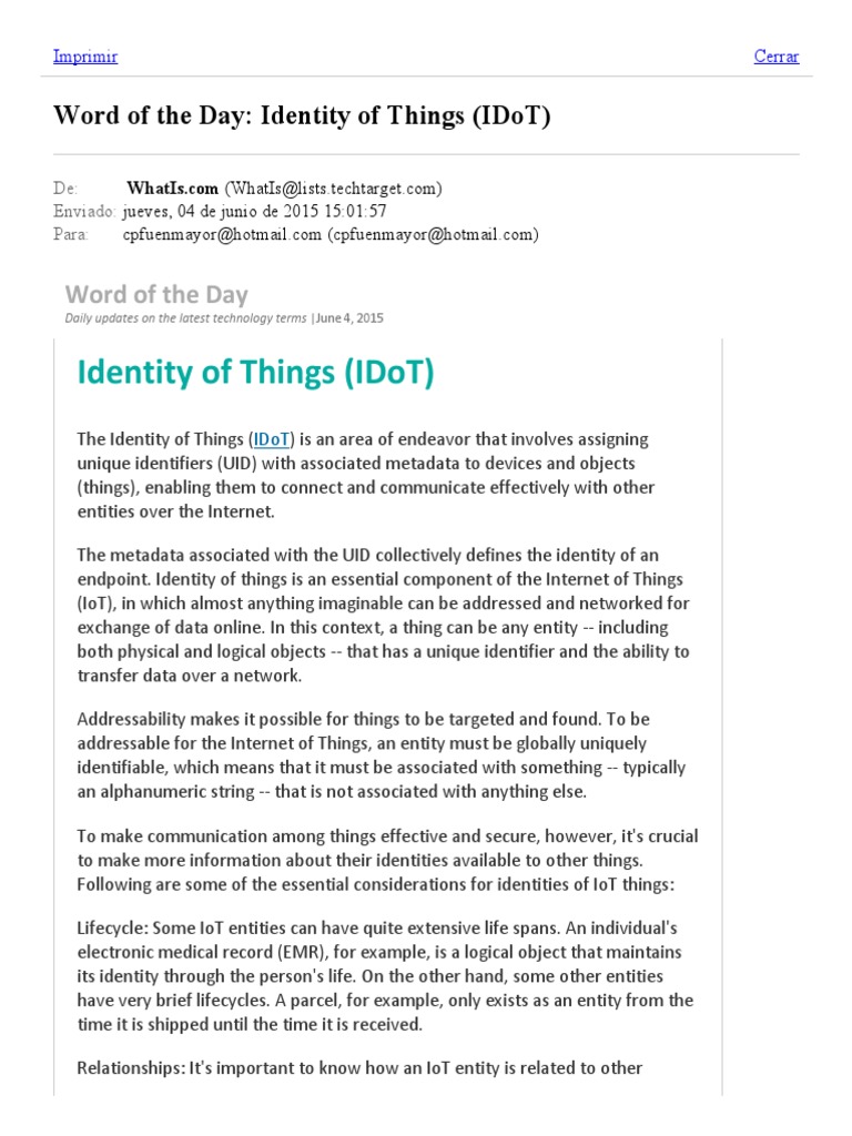 Identity of Things (IDoT) | PDF | Internet Of Things | Authentication