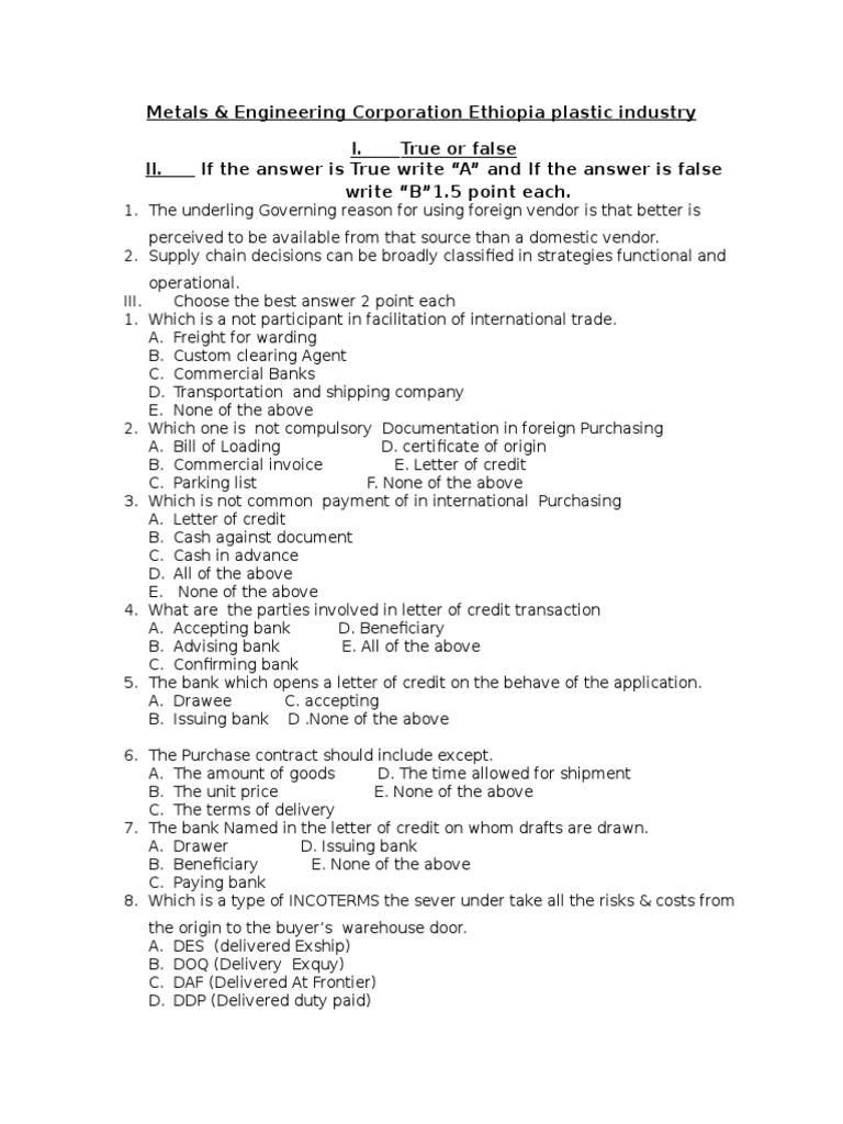 International Trade Quiz: Metals & Engineering Corporation Ethiopia | PDF