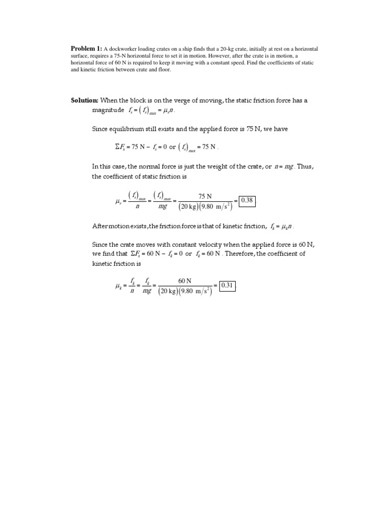 Problems and Solutions On Friction | PDF | Friction | Force