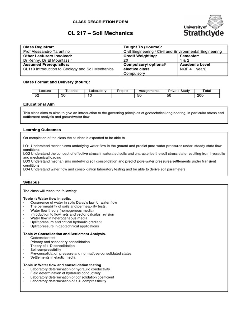 CL217 - Soil Mechanics PDF | PDF | Educational Assessment | Stress ...
