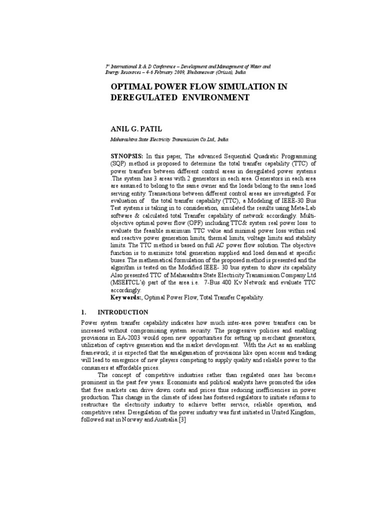 Optimal Power Flow Simulation in Deregulated Environment | PDF | Mathematical Optimization ...