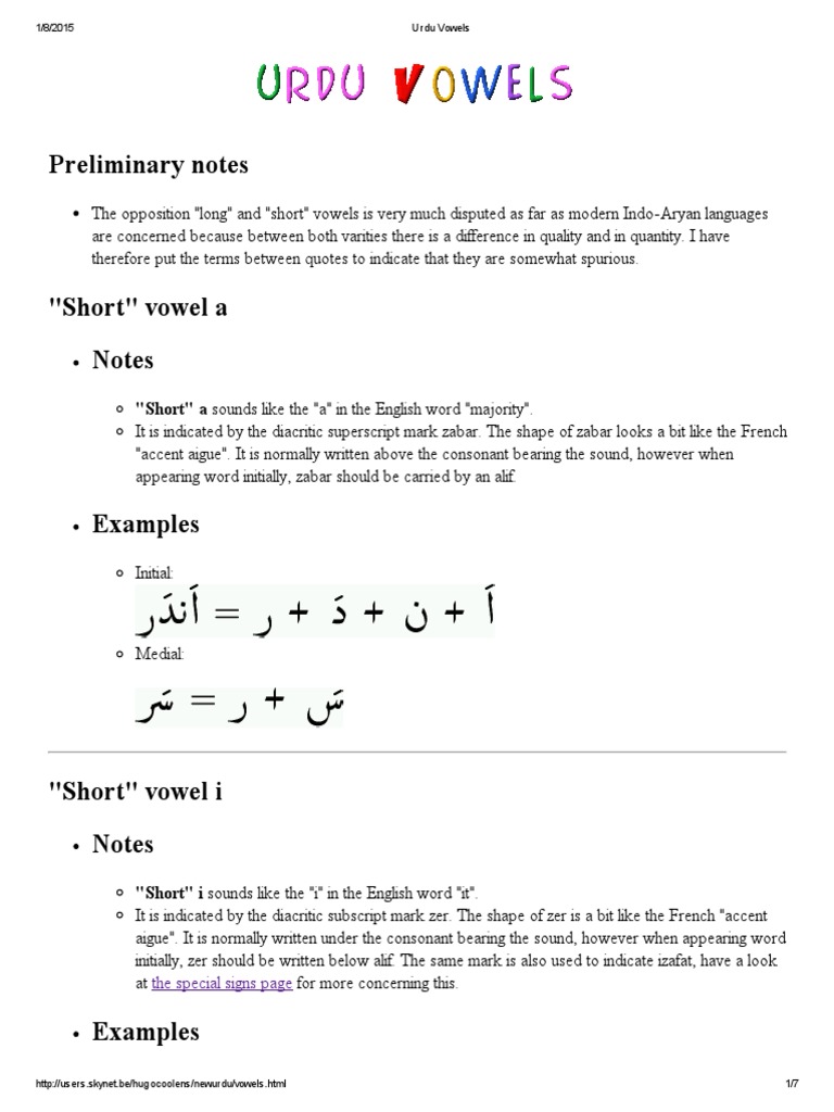 Urdu Vowels | PDF | Syllable | Vowel