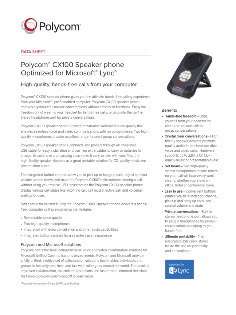 Polycom CX100 Speaker Phone Optimized For Microsoft Lync: High-Quality ...