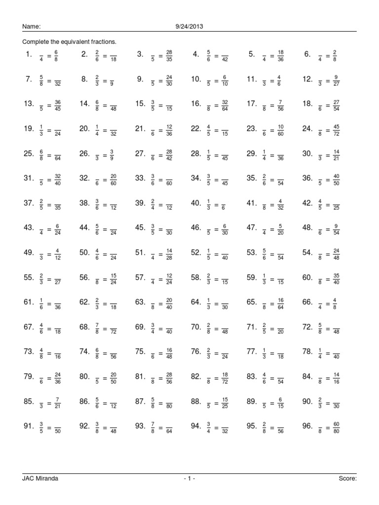 Equivalent Fractions Worksheet | PDF