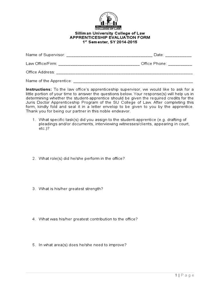 Apprenticeship Evaluation Form | PDF | Career & Growth