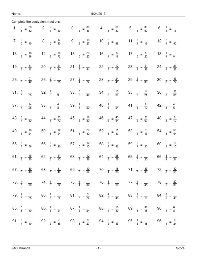 Equivalent Fractions Practice Worksheet | PDF | Science & Mathematics ...