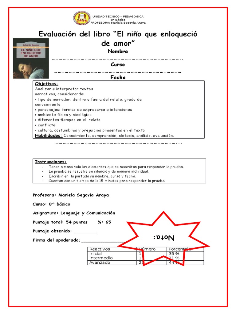 Evaluación Lenguaje y Comunicación El Niño Que Enloquecio de Amor | PDF ...
