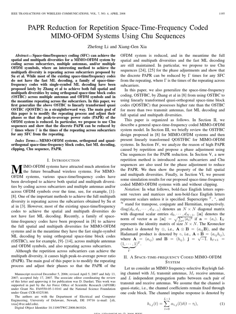 PAPR Reduction For Repetition Space-Time-Frequency Coded | PDF | Orthogonal Frequency Division ...