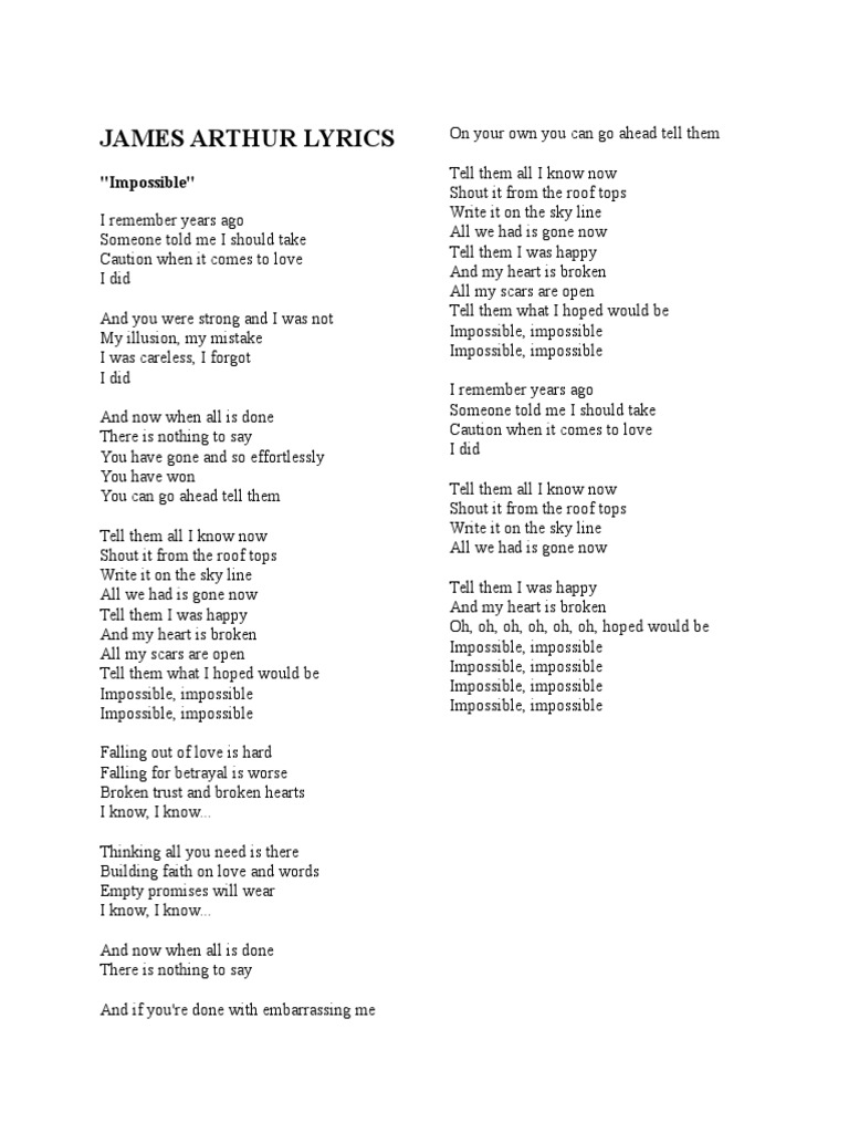 James Arthur Lyrics | Download Free PDF | Leisure