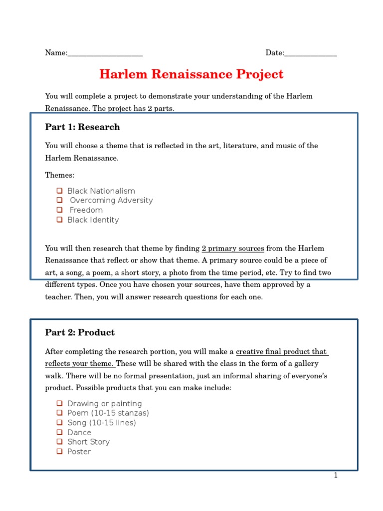 Harlem Renaissance Project | PDF | Rubric (Academic) | Learning