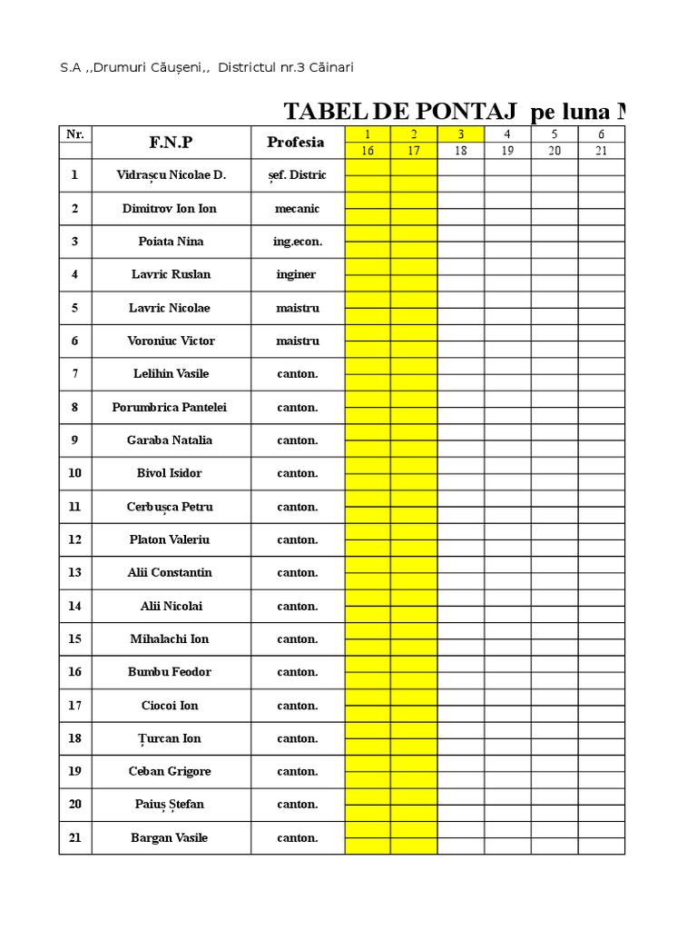 Exemplu Tabel Pontaj | PDF