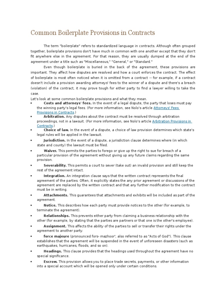 Common Boilerplate Provisions in Contracts | Attorney's Fee ...