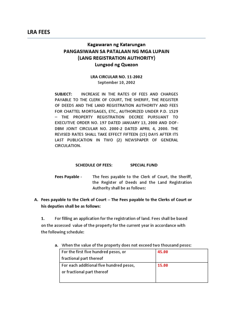 LRA Registration Fees Schedule 2025 | PDF