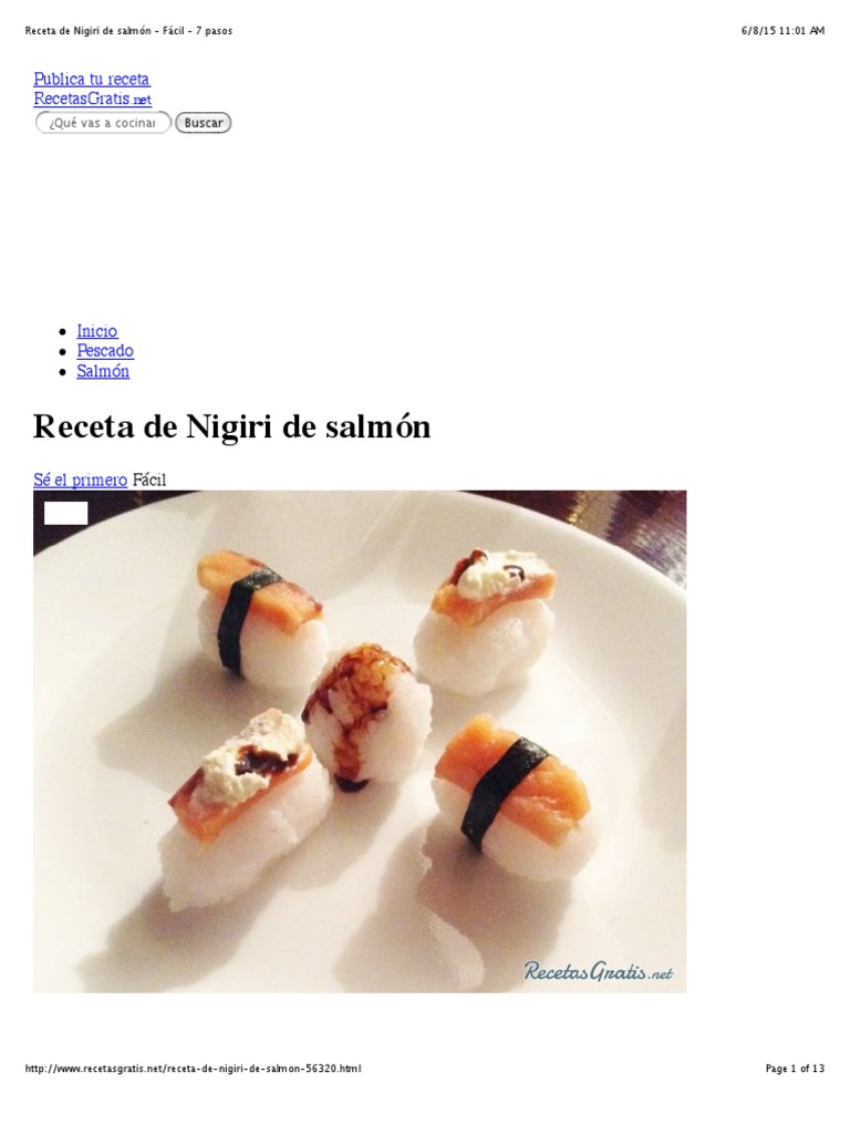 Receta de Nigiri de Salmón - Fácil - 7 Pasos | PDF | Sushi | Comida y bebida