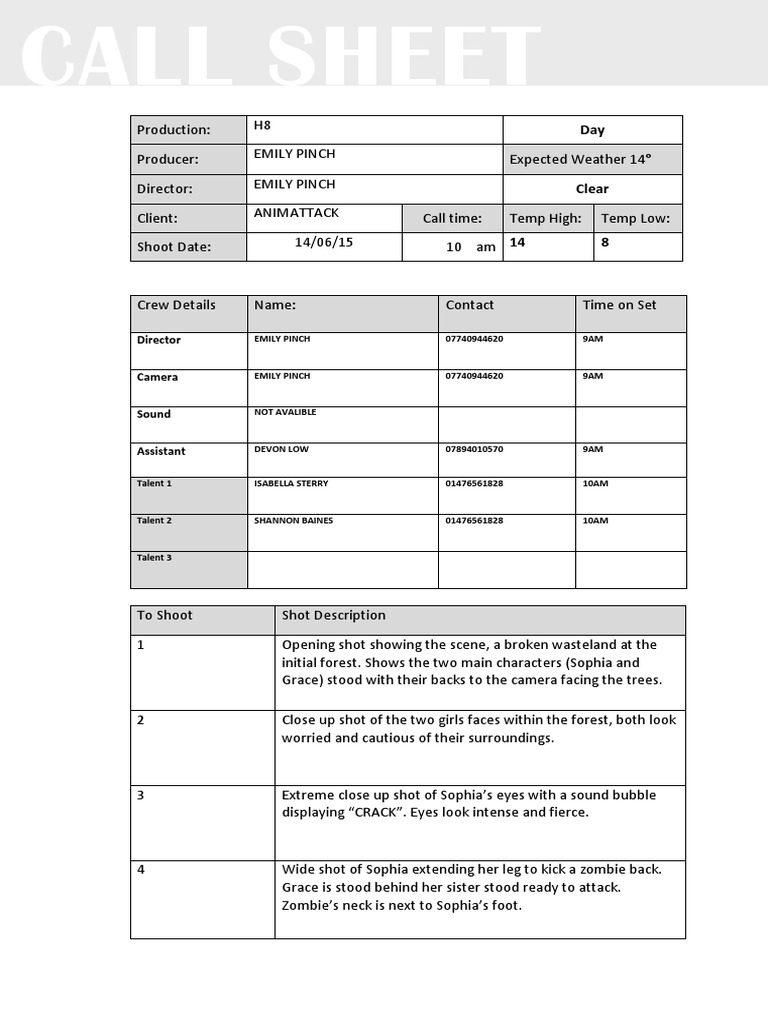 Pre - Call Sheet | PDF | Mystery, Thriller & Crime Fiction