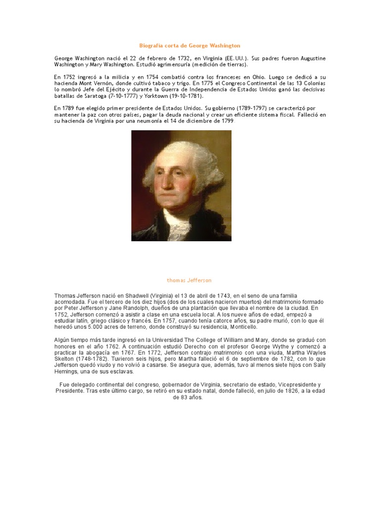 Biografía Corta de George Washington | George Washington | Thomas Jefferson