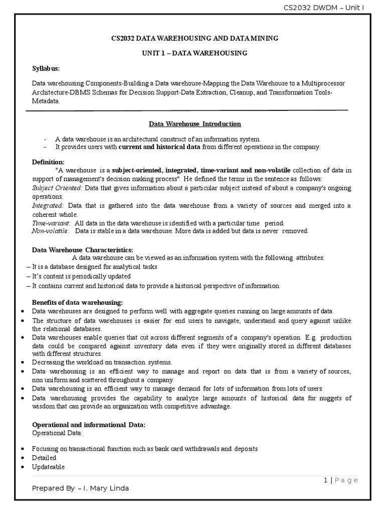 Unit 1 Data Warehousing and Mining | PDF | Data Warehouse | Metadata
