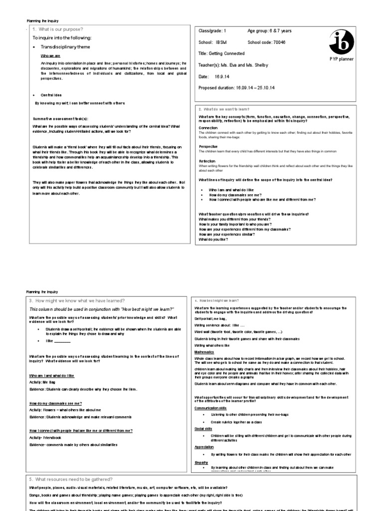 PYP Unit Planner G1 Who We Are 2014 | PDF | Friendship | Inquiry
