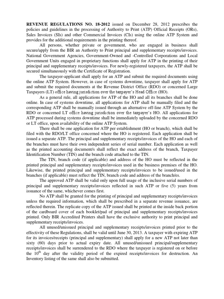 BIR RR 18-2012 (Guidelines on ATP of ORs, Sales and Commercial Invoices ...