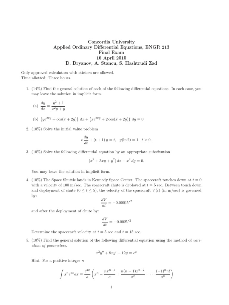 ENGR 213 Final Exam 2010 | PDF