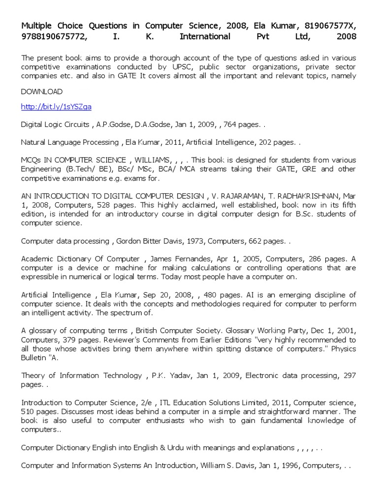 Multiple Choice Questions in Computer Science | PDF | Computer Science ...