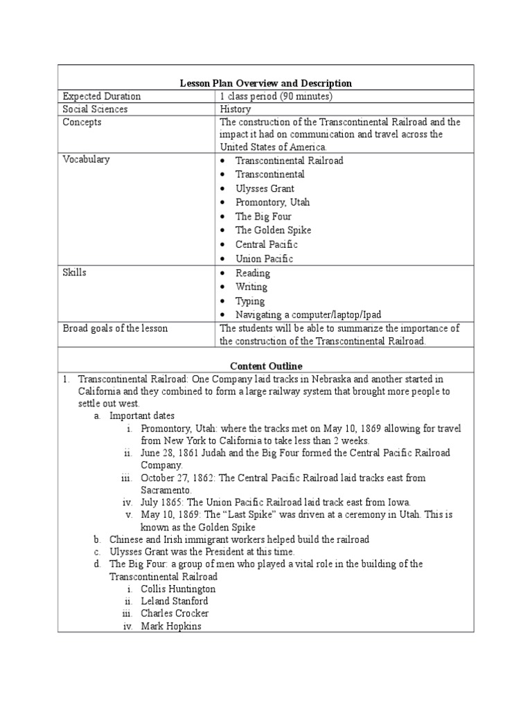 Transcontinental Railroad Lesson Plan | PDF | First Transcontinental ...