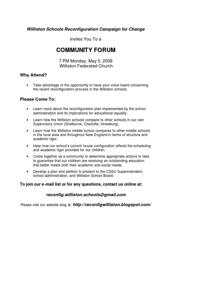 Williston Schools Reconfiguration Forum | PDF