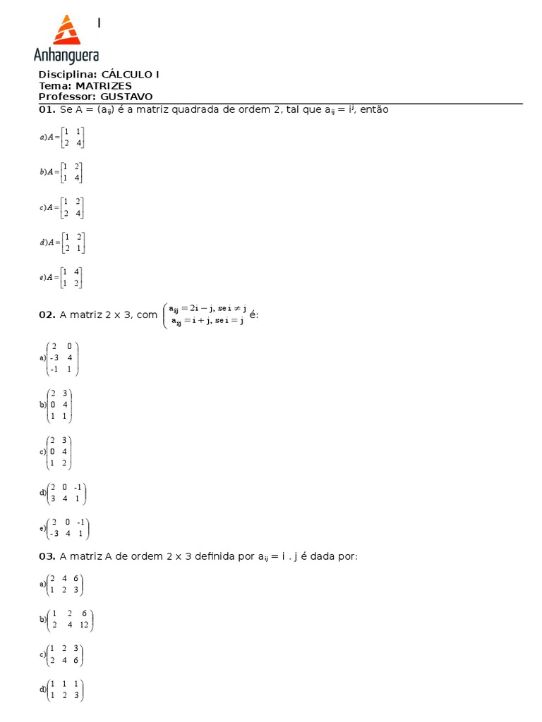 Lista de Exercicios Matrizes | PDF | Matriz (Matemática) | Análise ...