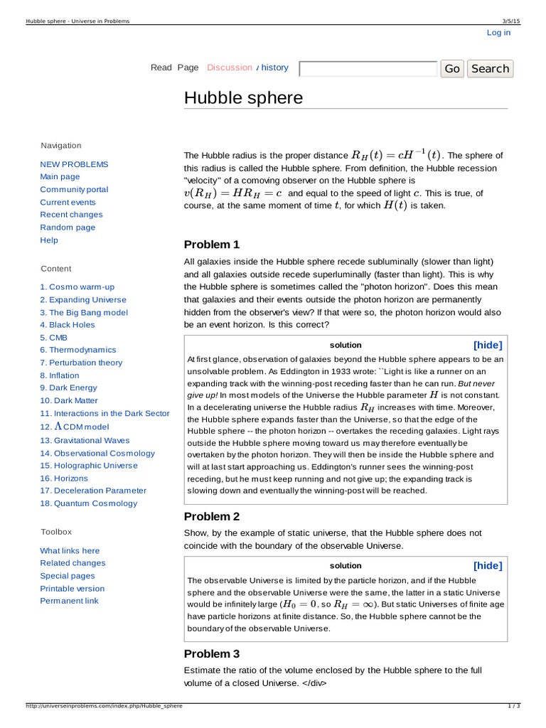 Hubble Sphere - Universe in Problems | PDF | Universe | Mathematical ...