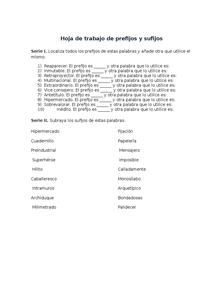 Hoja de trabajo: Prefijos y sufijos | PDF