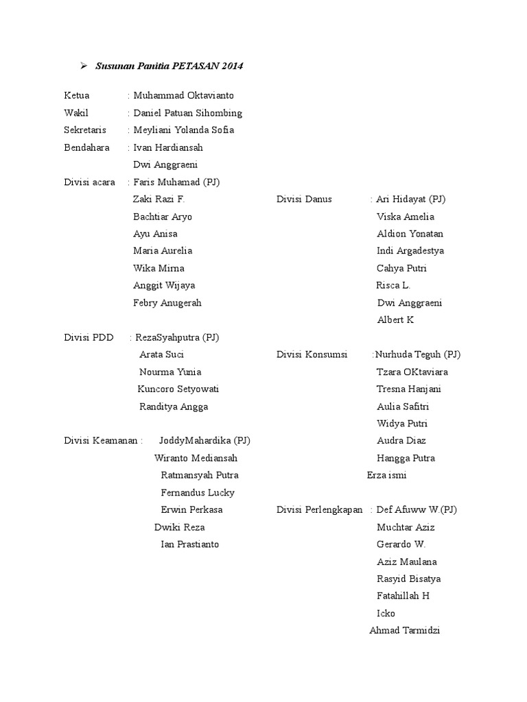 Susunan Panitia PETASAN 2014 | PDF