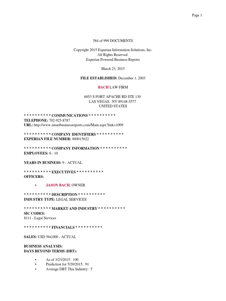 Bach Law Firm's Experian Credit Report | PDF