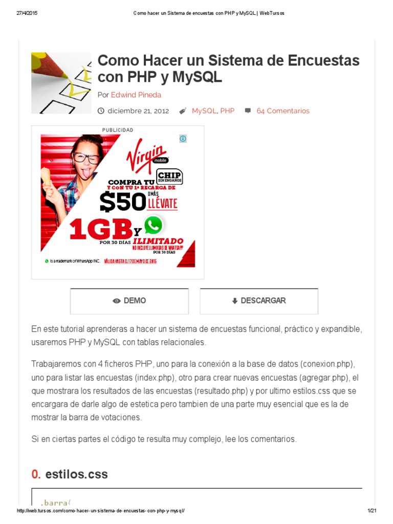 Como Hacer Un Sistema de Encuestas Con PHP y MySQL - WebTursos | PDF | Tabla (base de datos) | Php