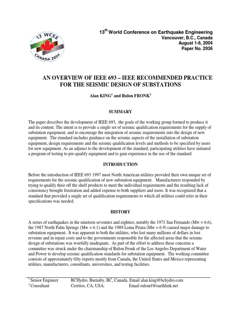 An Overview of Ieee 693 - Ieee Recommended Practice For The Seismic ...