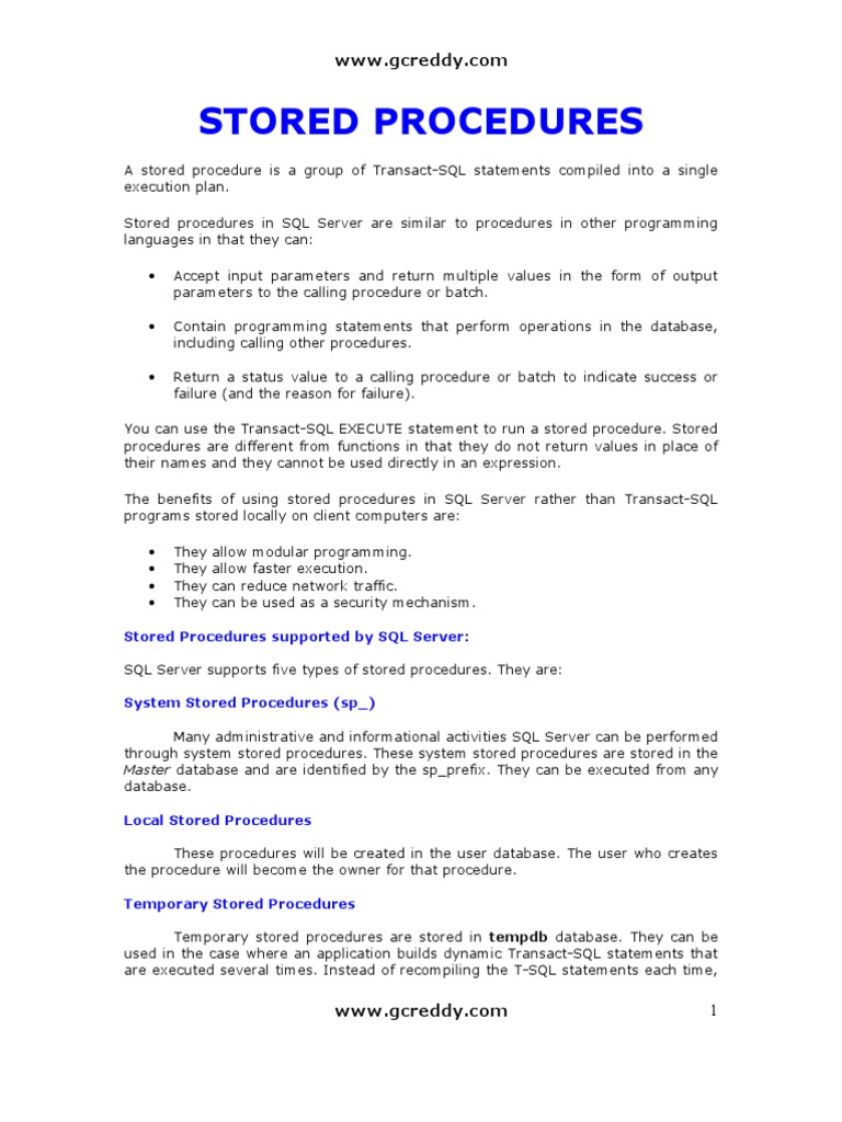 SQL Server Stored Procedures Guide | PDF | Subroutine | Microsoft Sql ...