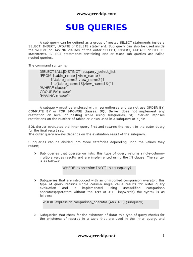 Sub Queries | PDF | Sql | Table (Database)