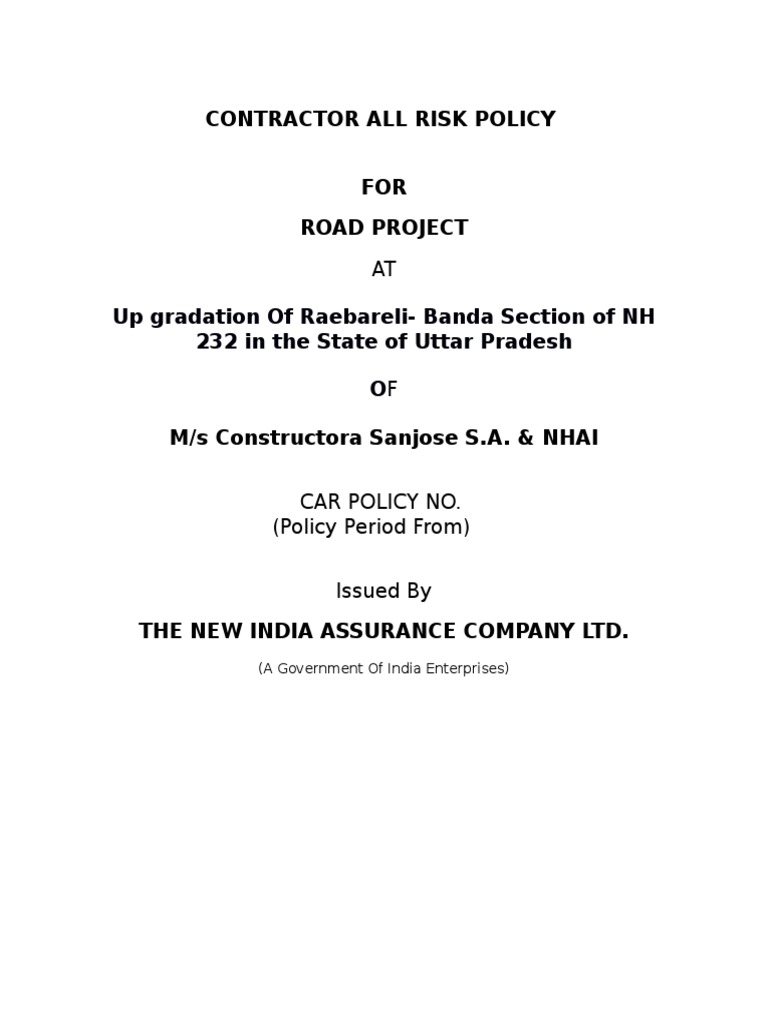 CAR Policy Schedule With Wording | PDF | Indemnity | Liability Insurance