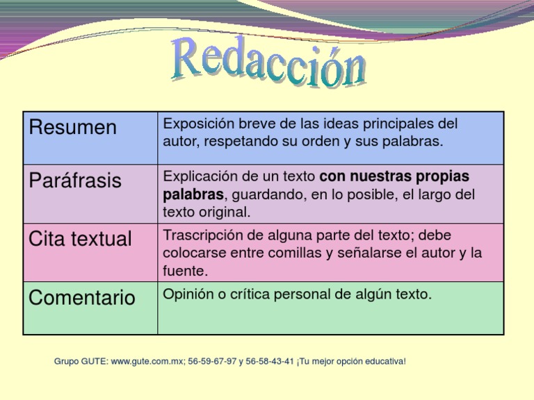 Resumen, Paráfrasis, Cita Textual y Comentario
