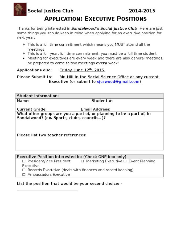 SJC Executive Application For 2015-2016 | PDF | Career & Growth