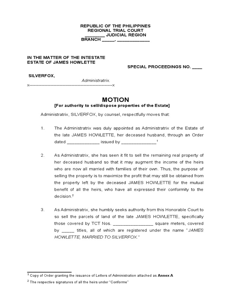 Sample Motion For Administratrix | PDF | Common Law | Government