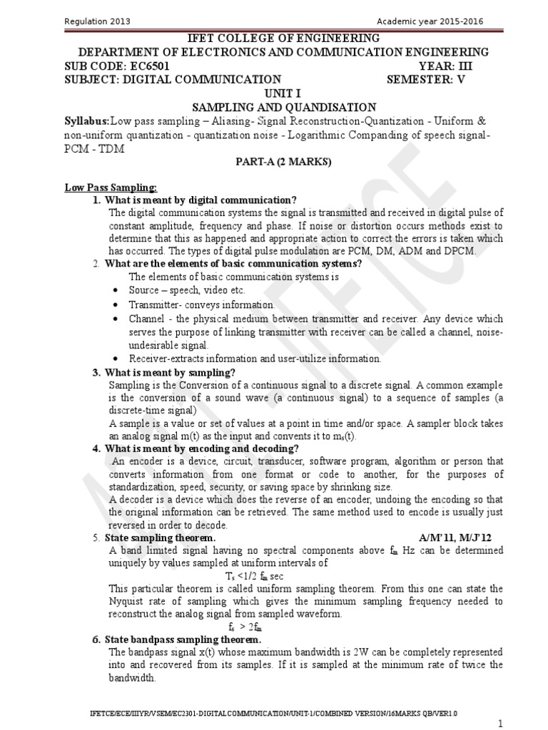 Digital Communication Sampling Techniques | PDF | Sampling (Signal Processing) | Signal To Noise ...