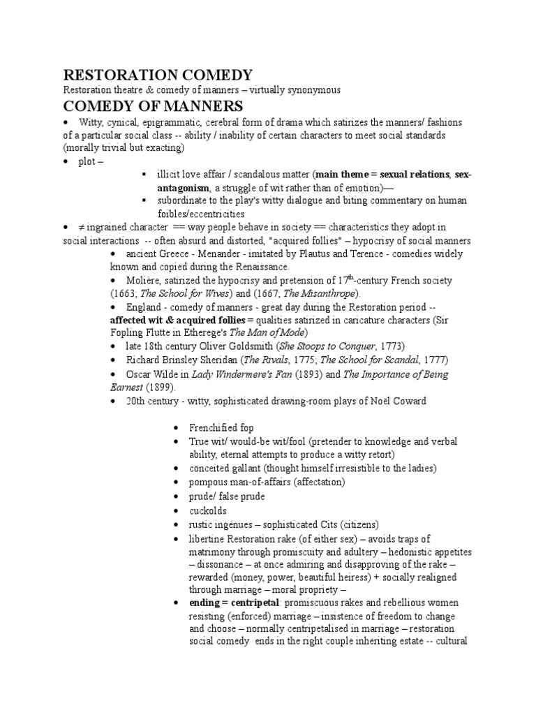 COMEDY of Manners | PDF | Restoration Comedy